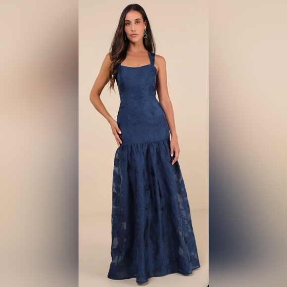 Dresses | Opulent Aura Navy Floral Jacquard Tieback Drop Waist Maxi ...